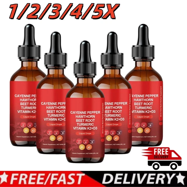 1-5X CAYENNE PEPPER Hawthorn Beet Root Turmeric Vitamin K2+D3 Liquid ...