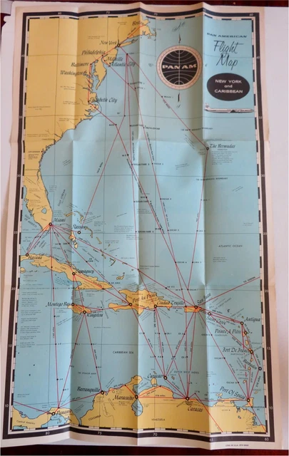 PAN AMERICAN FLIGHT Map East Coast New York Bahamas Caribbean c 1950's ...