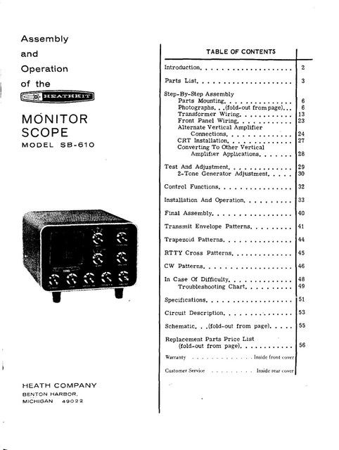 ASSEMBLY & OPERATION Manuel D'Instructions pour Heathkit SB-610 EUR 15 ...