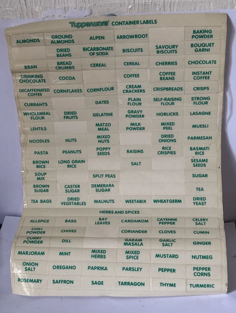 TUPPERWARE VINTAGE ORIGINAL Container Labels for Food Storage Stickers ...