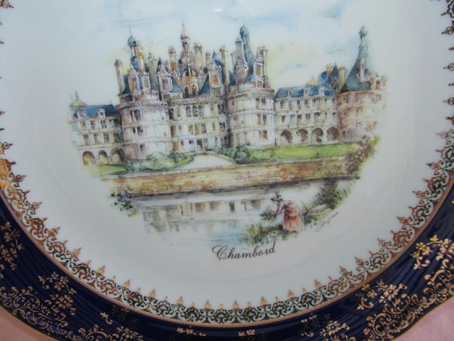 ASSIETTE DÉCORATION LIMOGES porcelaine Château de Chambord marli bleu ...