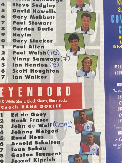 TOTTENHAM HOTSPUR V Feyenoord 1992 European Cup Winner's Cup Rare ...