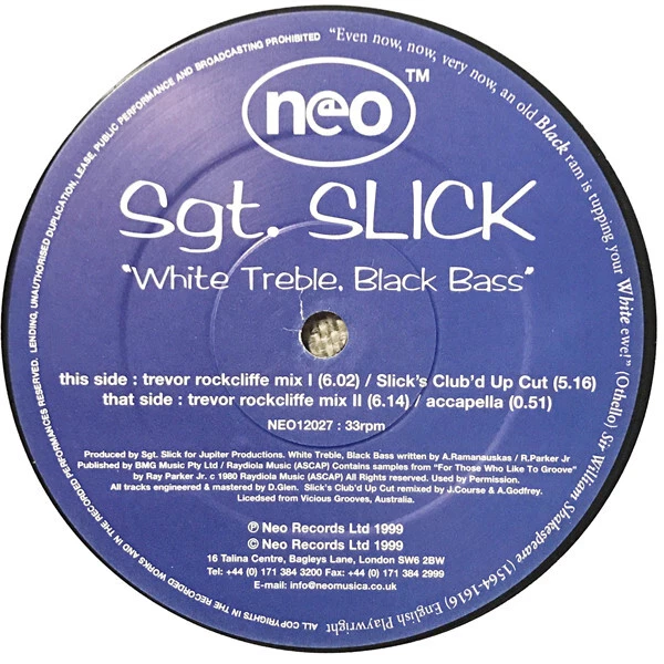 SGT. SLICK - White Treble Black Bass - Used Vinyl Record 12 - E4593z ...