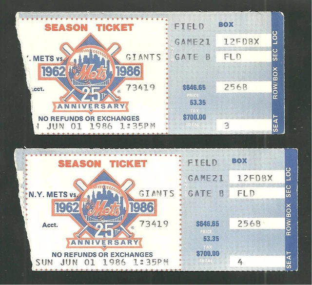 2 1986 METS Ticket Stubs Shea Stadium Ron Darling vs Mike Krukow 6/1/86 ...