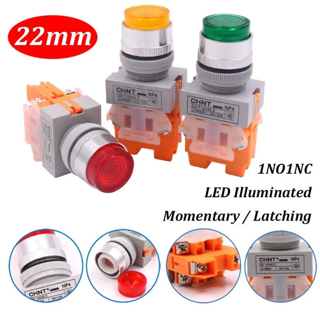 22MM PUSH BUTTON Switch Momentary Latching LED Illuminated 1 NO 1 NC ON ...