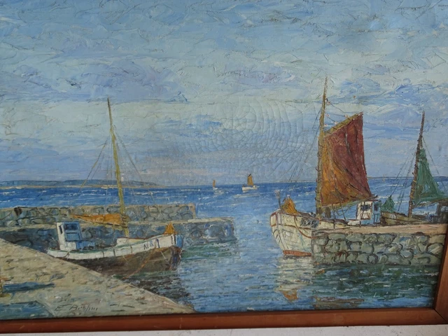 HARBOR SCENE FISHING Boats Oil Painting by Emil Brehm 19th Century ...