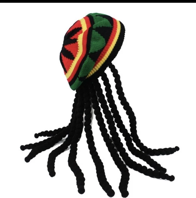 1 X ADULT Jamaican Hat with Hair Caribbean Rasta Beanie Hat Fancy Dress ...