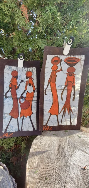 VINTAGE BATIK FABRIC Art Signed By Val African Women Baby Shopping ...