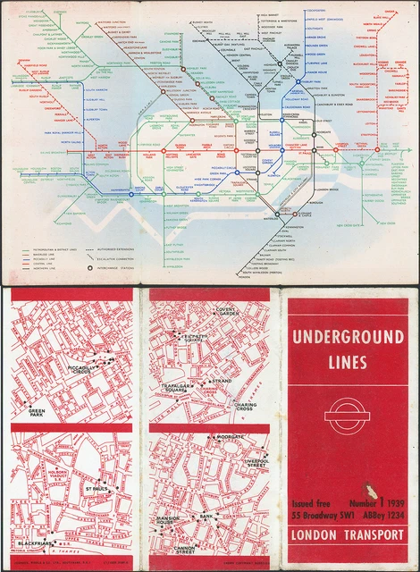 1939 ORIGINAL RARE early LONDON TRANSPORT UNDERGROUND MAP No 1 Schleger ...
