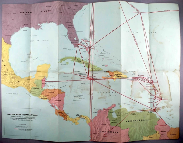 BWIA VINTAGE AIRLINE Route Map British West Indian Airways Bewee Boac ...