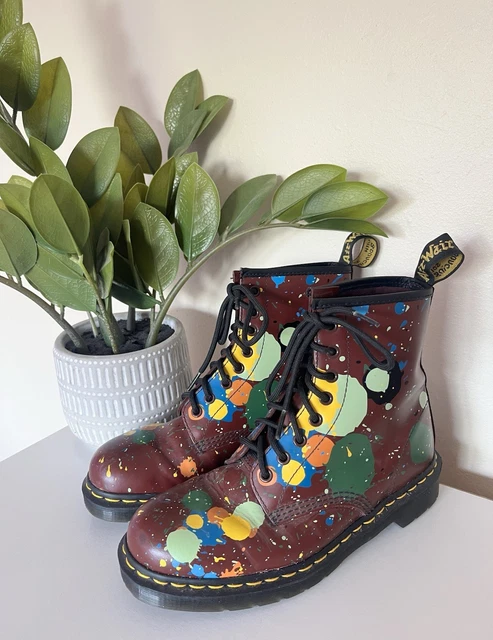 DR. MARTENS 1460 Burgundy Paint Splatter Leather Lace-Up Boots UK 6.5 ...