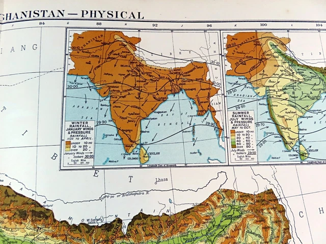 MAP OF INDIA Physical Geography Climate Weather Post WW1 Antique Large ...