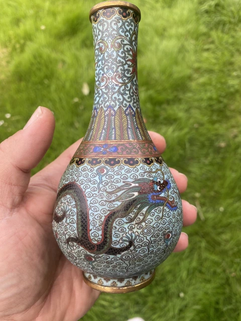 ANCIEN VASE BRONZE Emaux Cloisonne Dragon Chine Antique Chinese Enamel ...