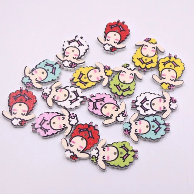 100PCS CARTOON WOODEN Button White Base Color Drawing Buttons Lovely ...