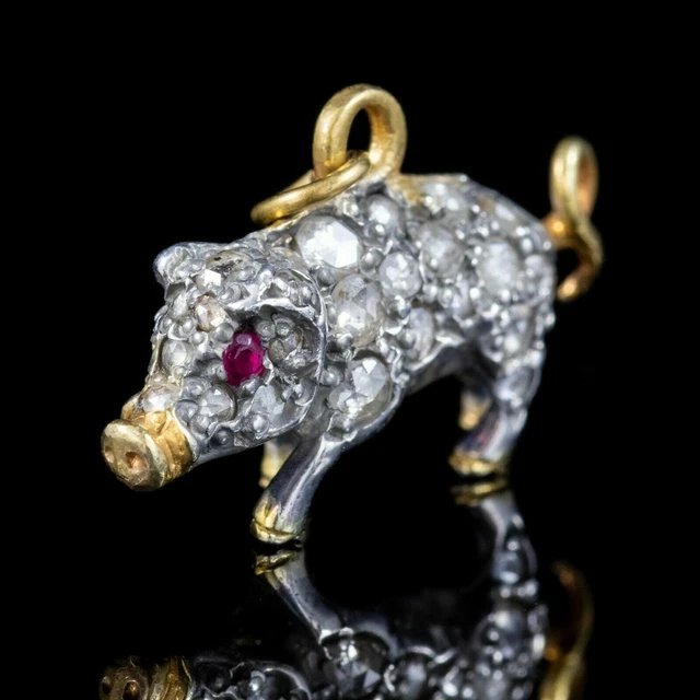 ROSE CUT DIAMOND Pig Pendant Ruby Eyes 1.50Ct Total £495.00 - PicClick UK
