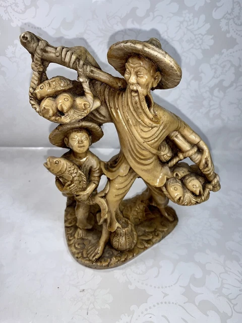 ANTIQUE CHINESE OLD Man And Young Boy Carrying Fish - Resin Figure ...