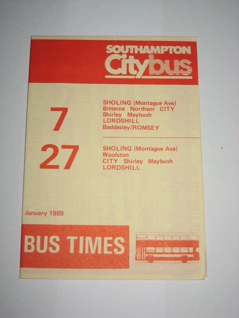 SOUTHAMPTON CITY BUS Timetable and Route Map - 7 and 27 - Jan 1989 EUR ...