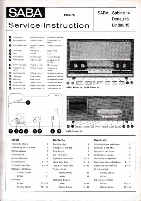 MANUEL DE SERVICE Saba Sabine 14, Donau 15, Lindau 15 EUR 9,42 - PicClick FR