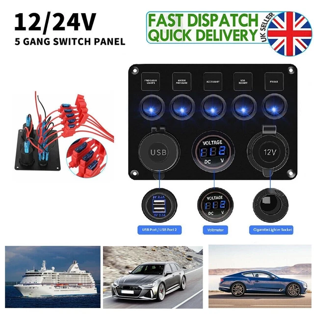 5 GANG 12V/24V Inline Fuse Box LED Switch Panel Dual USB Car Boat Truck ...