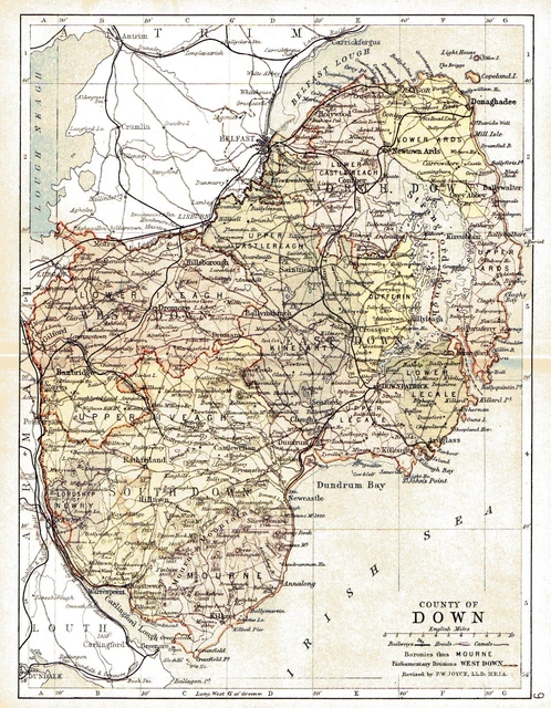 AN A3 SIZE repro/map of County Down, Northern Ireland, original dated ...