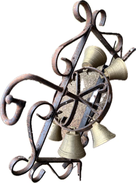 VINTAGE WROUGHT IRON GARDEN GATE SPINNING WHEEL DOORBELL 6 Brass Bells ...