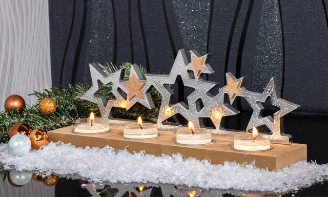 DEKO TEELICHTHALTER HOLZ 4er Teelicht Windlicht Kerze silber Stern 29 ...