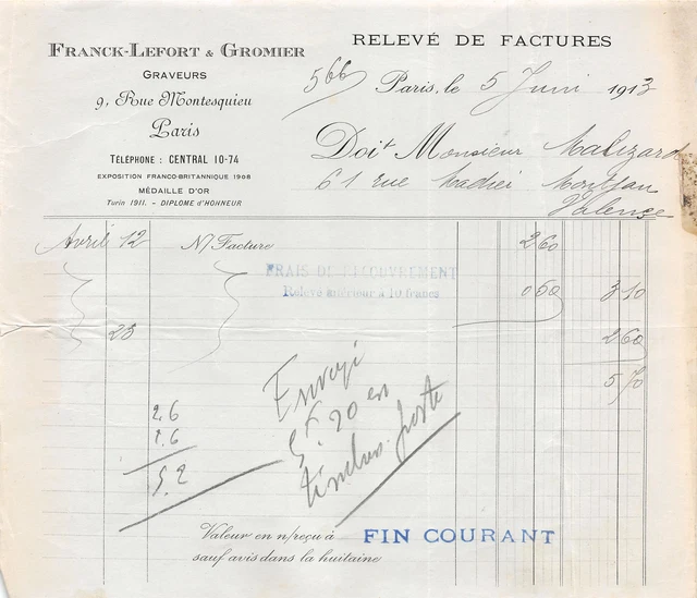 FACTURE 1913 RELEVE DE FACTURES FRANCK LEFORT & GROMIER A PARIS - M ...
