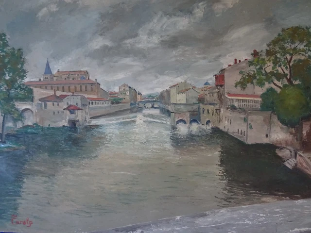 TABLEAU ANCIEN HUILE sur toile signé Caralp. L'Agoût à Castres vue du Pont-Neuf EUR 540,00 ...