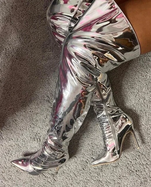 SXXY PATENT SILVER MIRROR PU LEATHER THIGH HIGH BOOTS * 4 uk * FXTISH ...