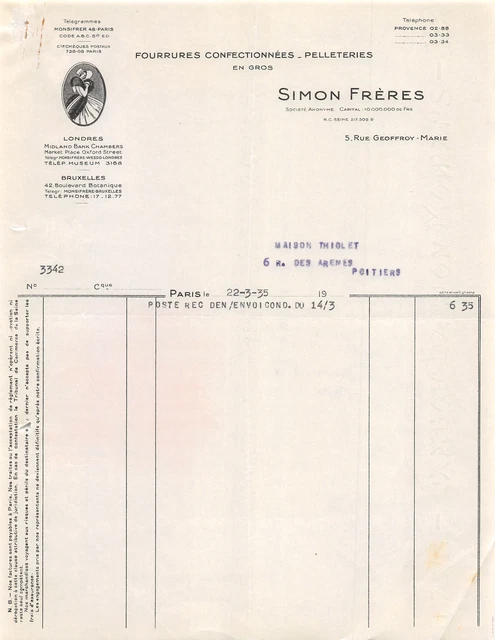 FACTURE 1935 FOURRURES SIMON FRERES A PARIS - M.THIOLET A POITIERS EUR ...