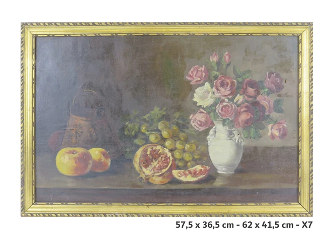 TABLEAU ANCIENNE FLEURS Floral Peinture Nature Morte Avec Rose Fruit En ...