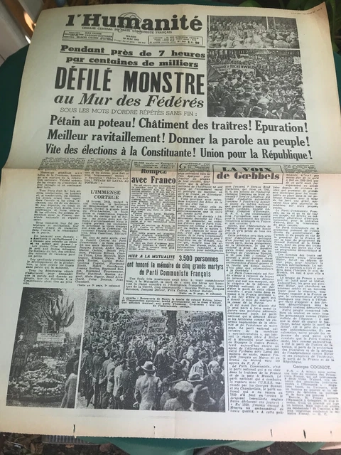FAC-SIMILE JOURNAL HUMANITE/DEFILE Mur Des Federes/Franco/Goebbels ...