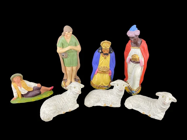 7 ANTIQUE GERMAN Chalkware Figurines Christmas Nativity Kings, Sheep ...