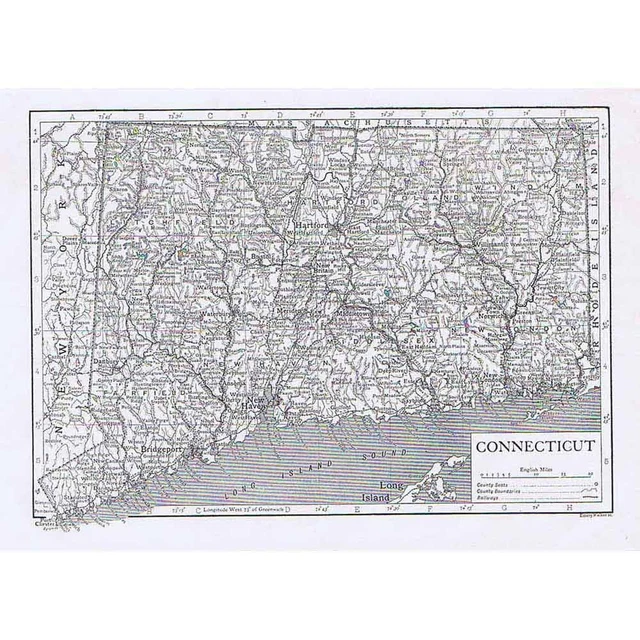 CONNECTICUT STATE MAP Showing Counties - Antique Map 1910 by Emery ...