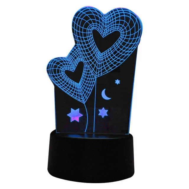 3D DUAL HEART Shapes Lamp Multicolor LED Lights Touch USB Night Light ...