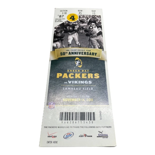 TICKET VIKINGS DU Minnesota @ Green Bay Packers Stub 11/14/11 Lambeau ...