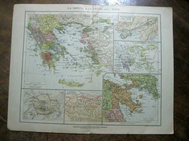 ANTICA MAPPA GRECIA E COSTE MAR EGEO ATENE PIREO TURCHIA 1926 EUR 7,00 ...