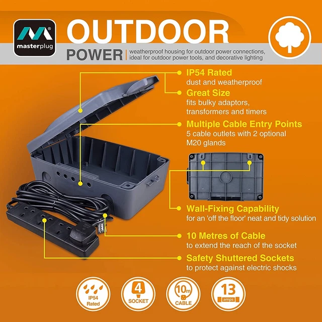 MASTERPLUG WEATHERPROOF Electric Box for Outdoors with Four Socket 10 ...