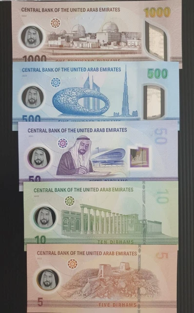 UAE UNITED ARAB Emirates Polymer 1000+500+50+10+5 Dirhams 2021-2023 UNC ...