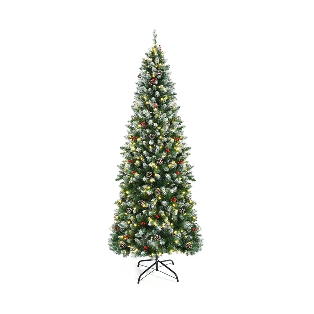 GOPLUS 7FT PRE-LIT Pencil Christmas Tree, Snow Flocked Artificial ...
