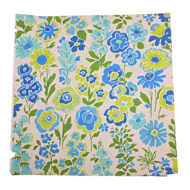 VINTAGE WALLPAPER SAMPLE Sheet 70s Blue Floral Pattern Craft Supply ...