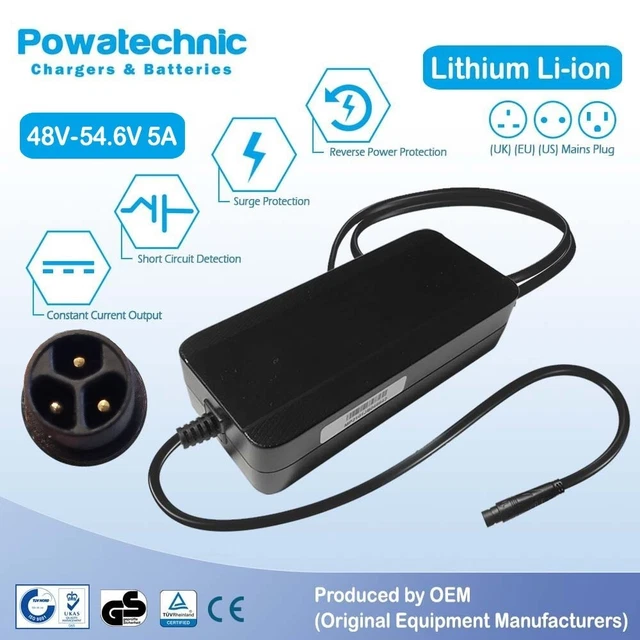 54.6V 5A MAX 3-pin Charger for 48V Elops Cargo B'Twin Decathlon e-bike battery £109.80 - PicClick UK