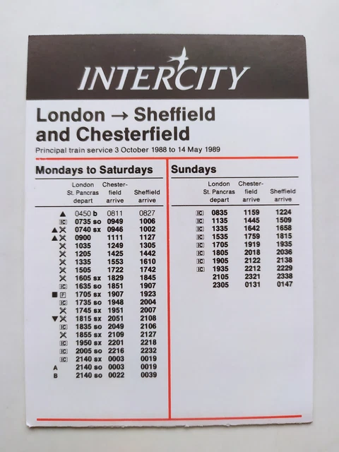 BRITISH RAIL POCKET Timetable Intercity London Sheffield Chesterfield ...