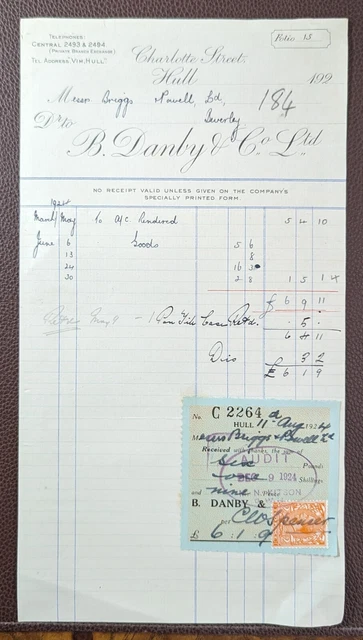 1924 B. DANBY & Co., Ltd., Charlotte Street, Hull Invoice £4.99 ...