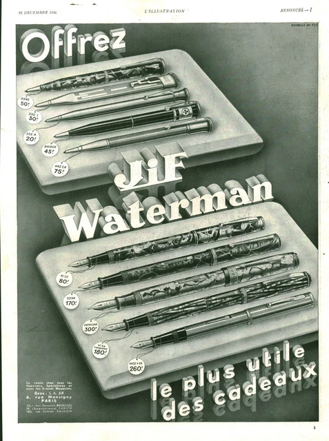 PUBLICITÉ ANCIENNE JIF Waterman le plus utile des cadeaux 1935 issue de ...
