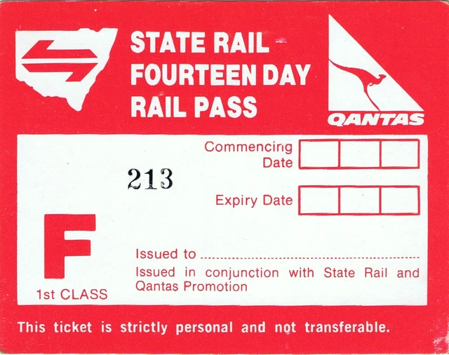 RAILWAY TICKETS NSW SRA Qantas first class fourteen day rail pass ...
