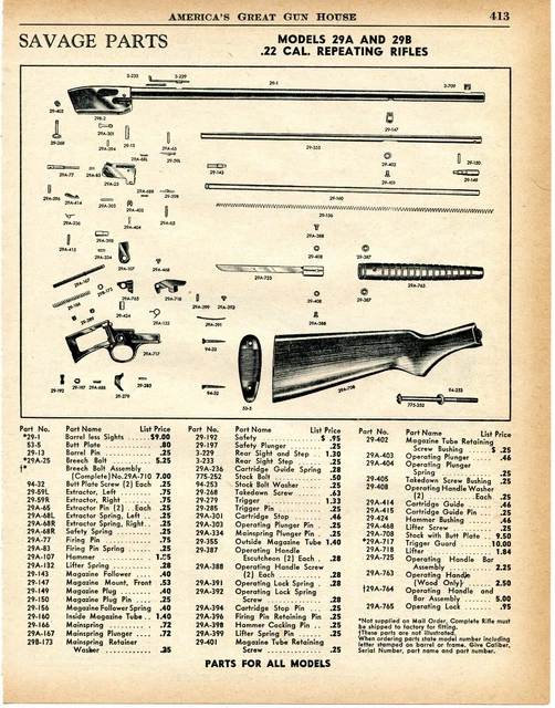 1957 PRINT AD of Savage Model 29A 29B Rifle Parts List £9.46 - PicClick UK