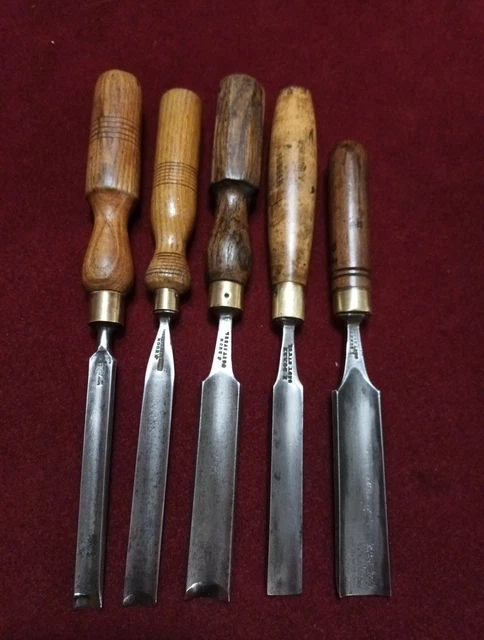 VINTAGE FIVE CAST Steel Wood Carving Gouges Old Sheffield Makers Sorby ...