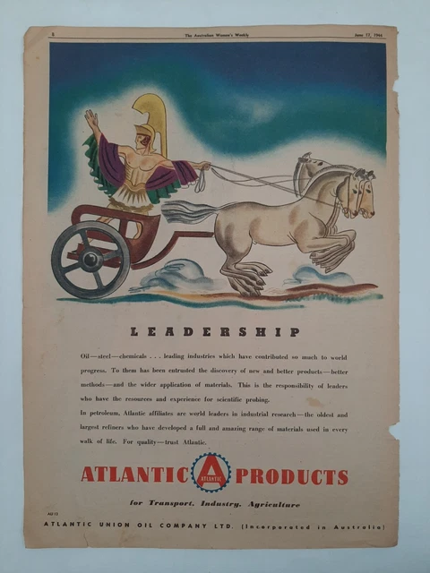 VINTAGE AUSTRALIAN ADVERTISING 1944 ad ATLANTIC UNION OIL chariot horse race art $19.95 ...