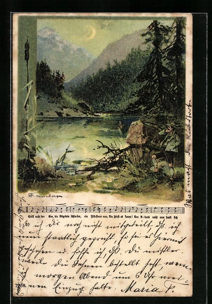 CARTOLINA D'ARTISTA THEODOR Guggenberger: cacciatore sulle rive di un ...